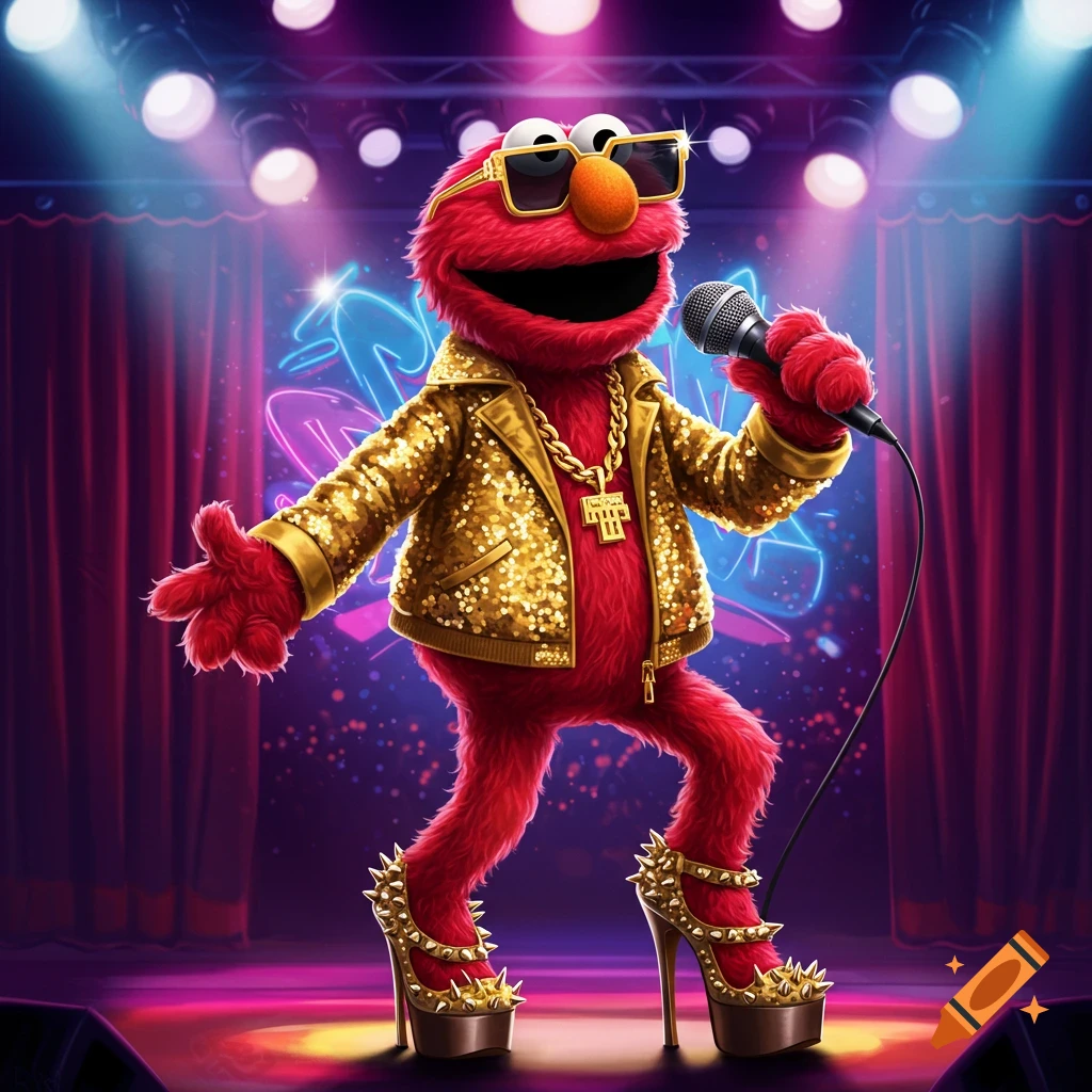 Elmo jumping joyfully at a colorful party with balloons, confetti, and ...