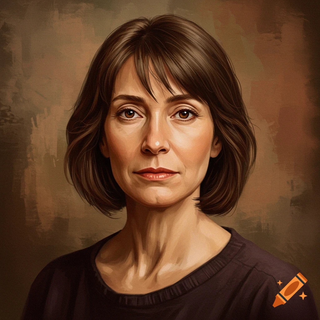 Portrait of a serious 70-year-old woman with brown hair and blue eyes ...