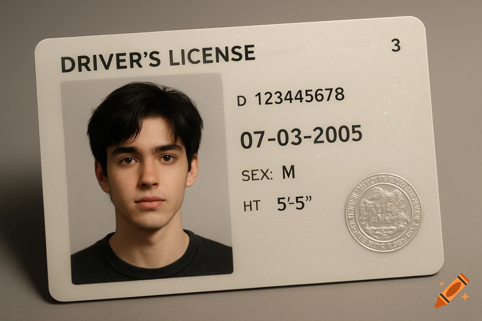 A photorealistic driver's license for a young man with black hair ...