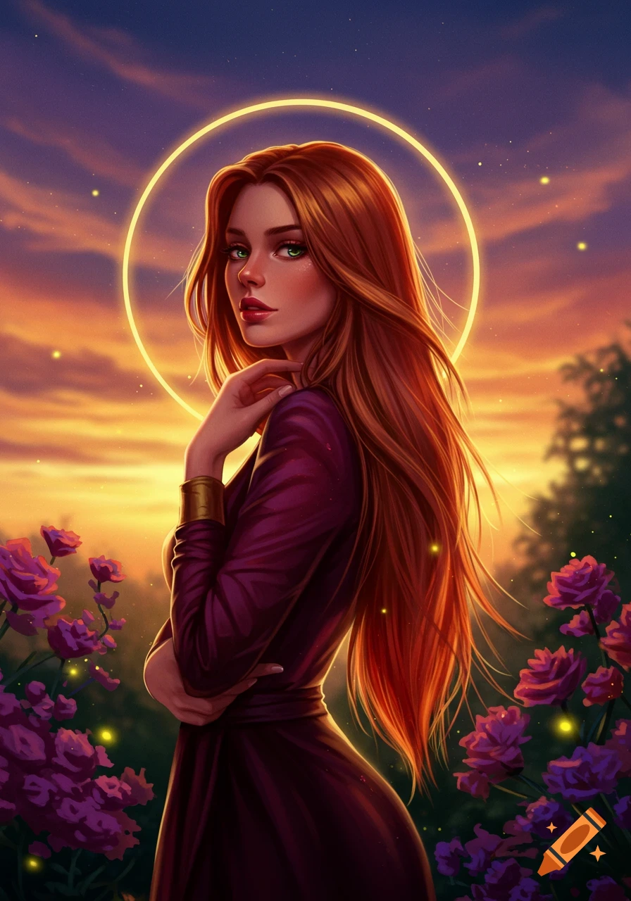 A cute, red-haired wizard girl with blue eyes and a runic cloak stands ...