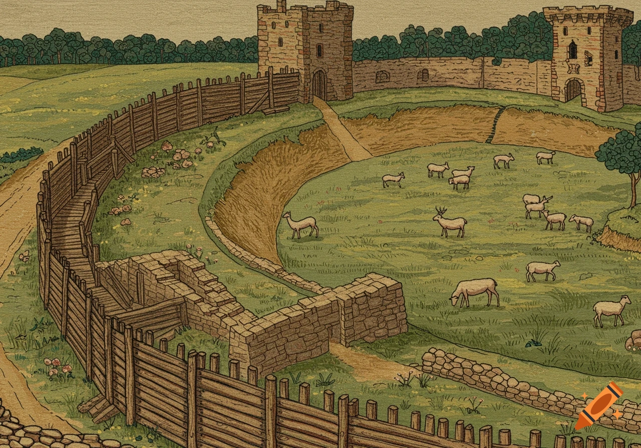 Medieval illustration of Cainhoe Castle ruins with timber walls and ...