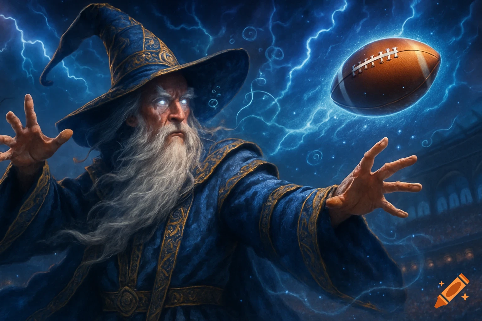 A powerful wizard in blue robes uses magic to throw an American ...