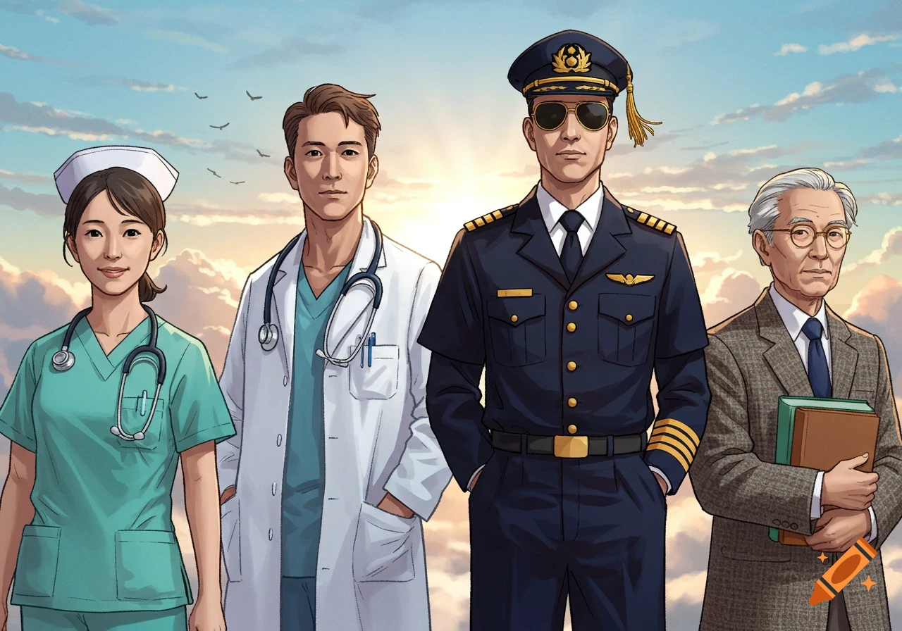 An illustration of a nurse, pilot, and professor standing together. A ...