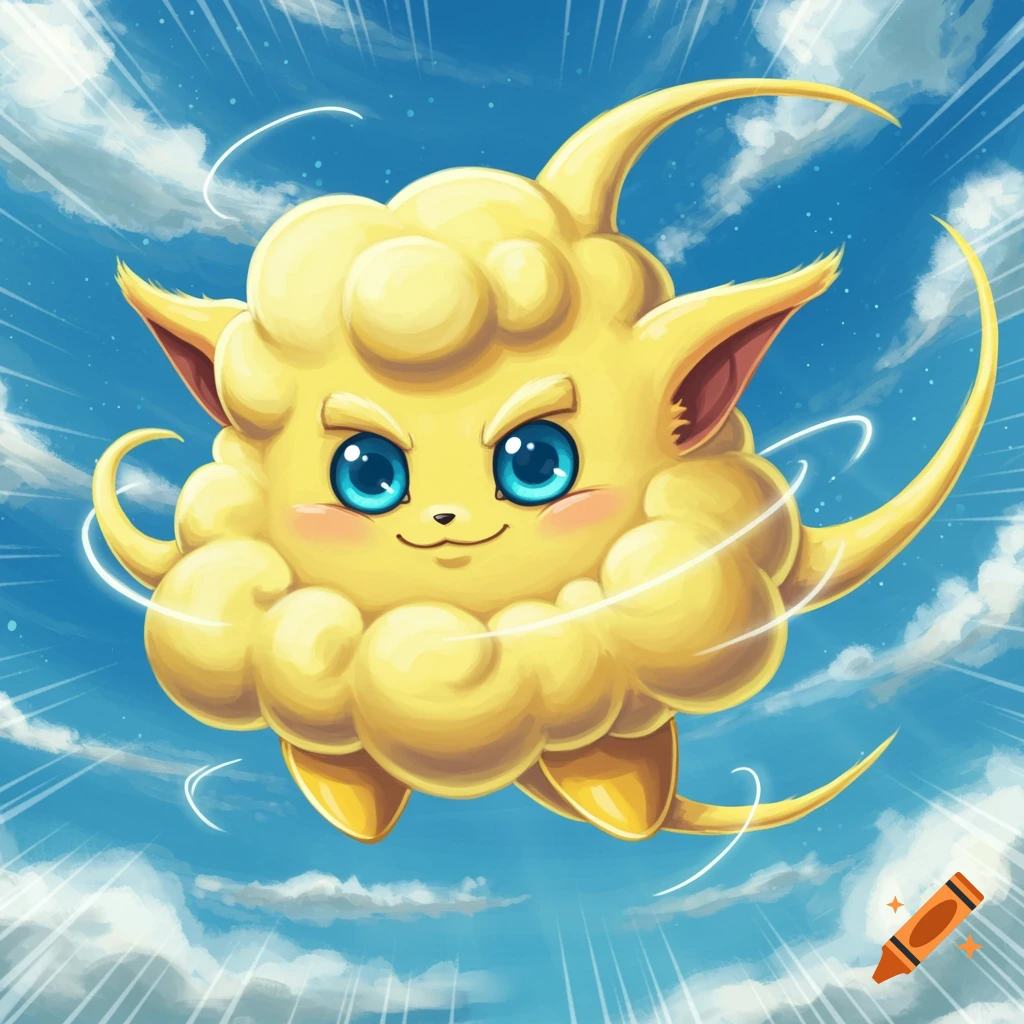A cute, yellow, cloud-like monster with large blue eyes flying through ...