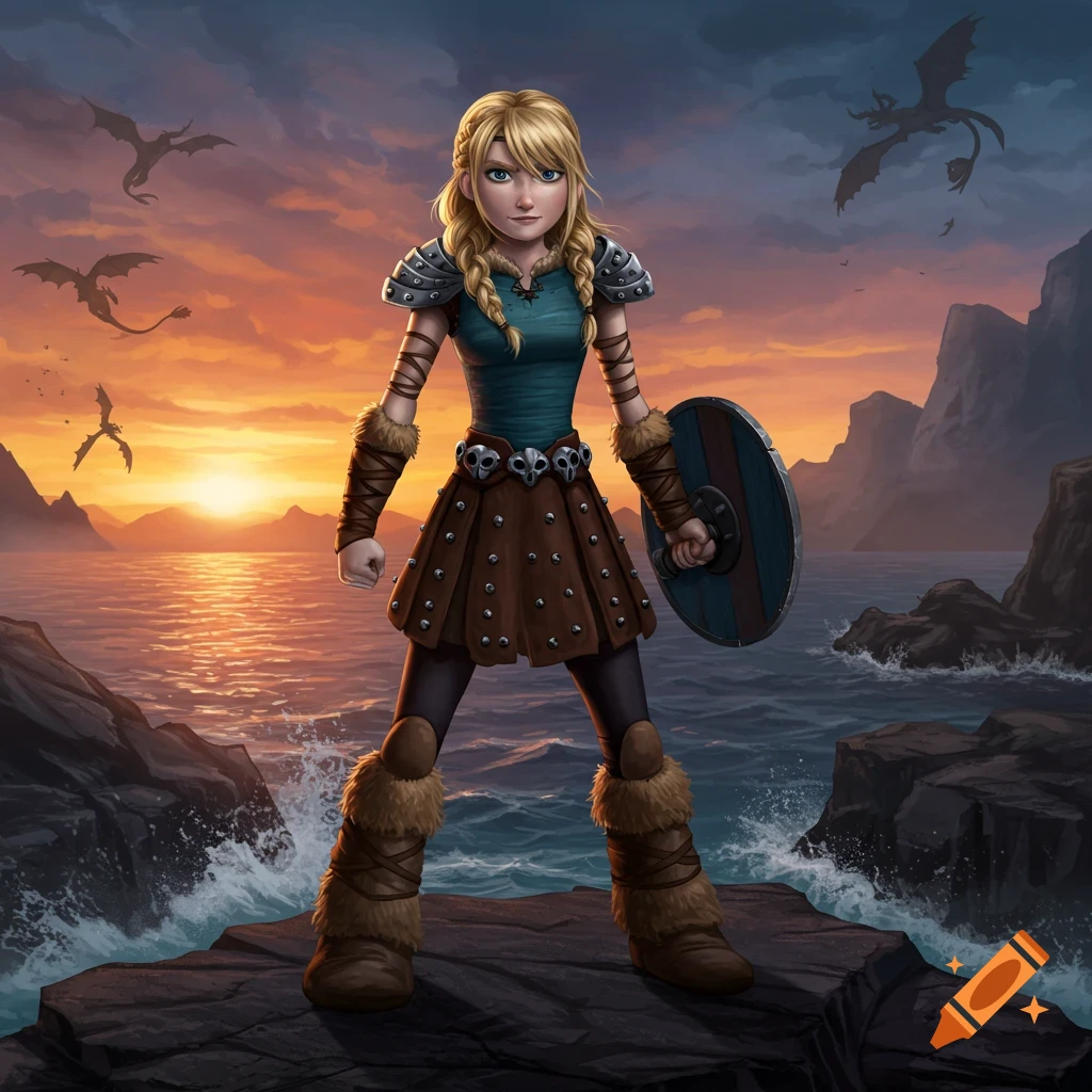 Astrid, a blonde female Viking warrior, stands on a cliff overlooking ...