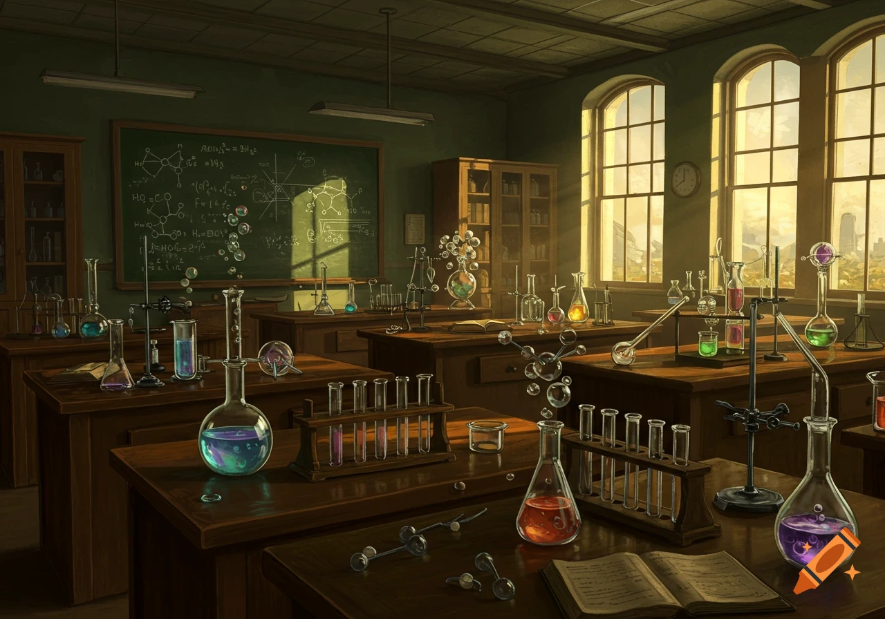 A vintage-style chemistry classroom with numerous beakers, flasks, and ...