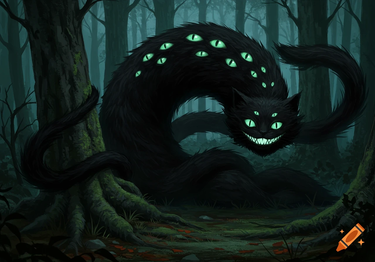 A white, serpentine monster with black shaggy hair, glowing eyes, and a ...