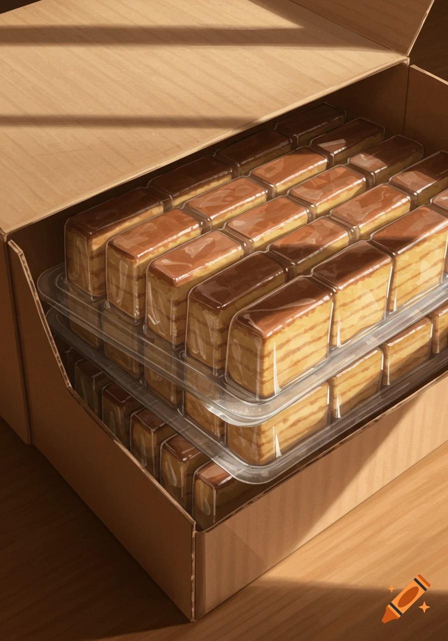 A cardboard box filled with multiple layers of rectangular ...