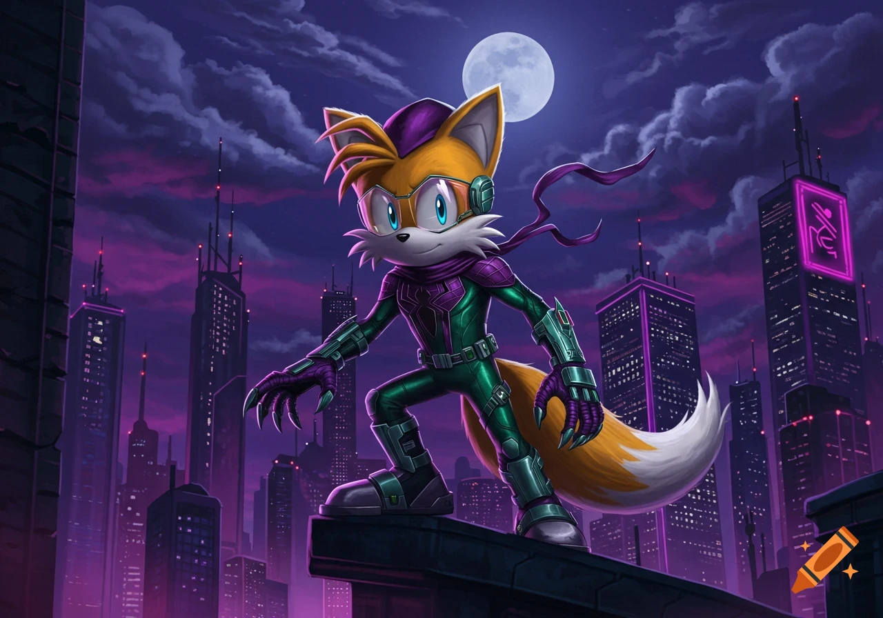 Tails from Sonic in a green and purple Prowler suit stands on a rooftop ...