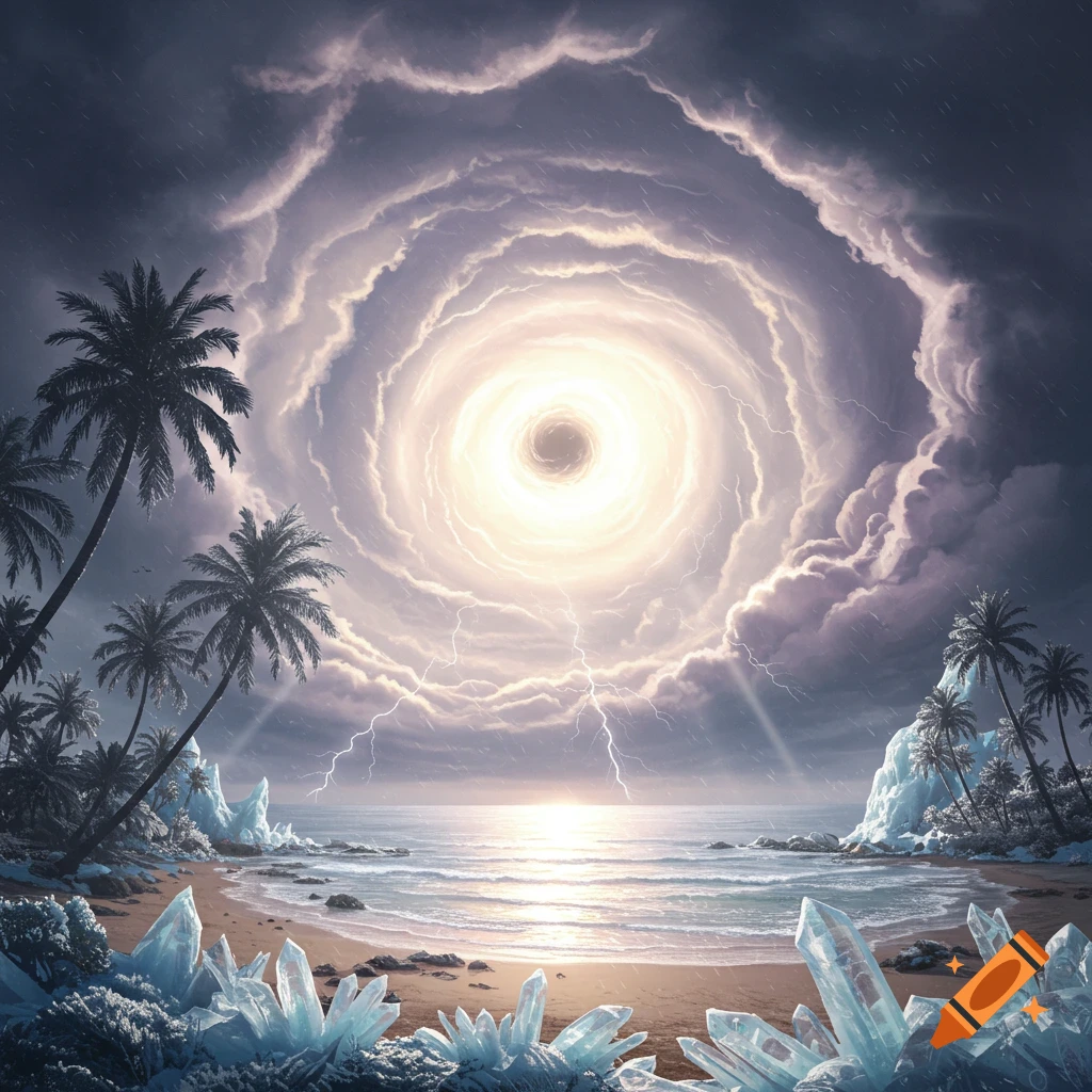 A beach with palm trees and large ice crystals under a swirling, stormy sky with lightning and a ...