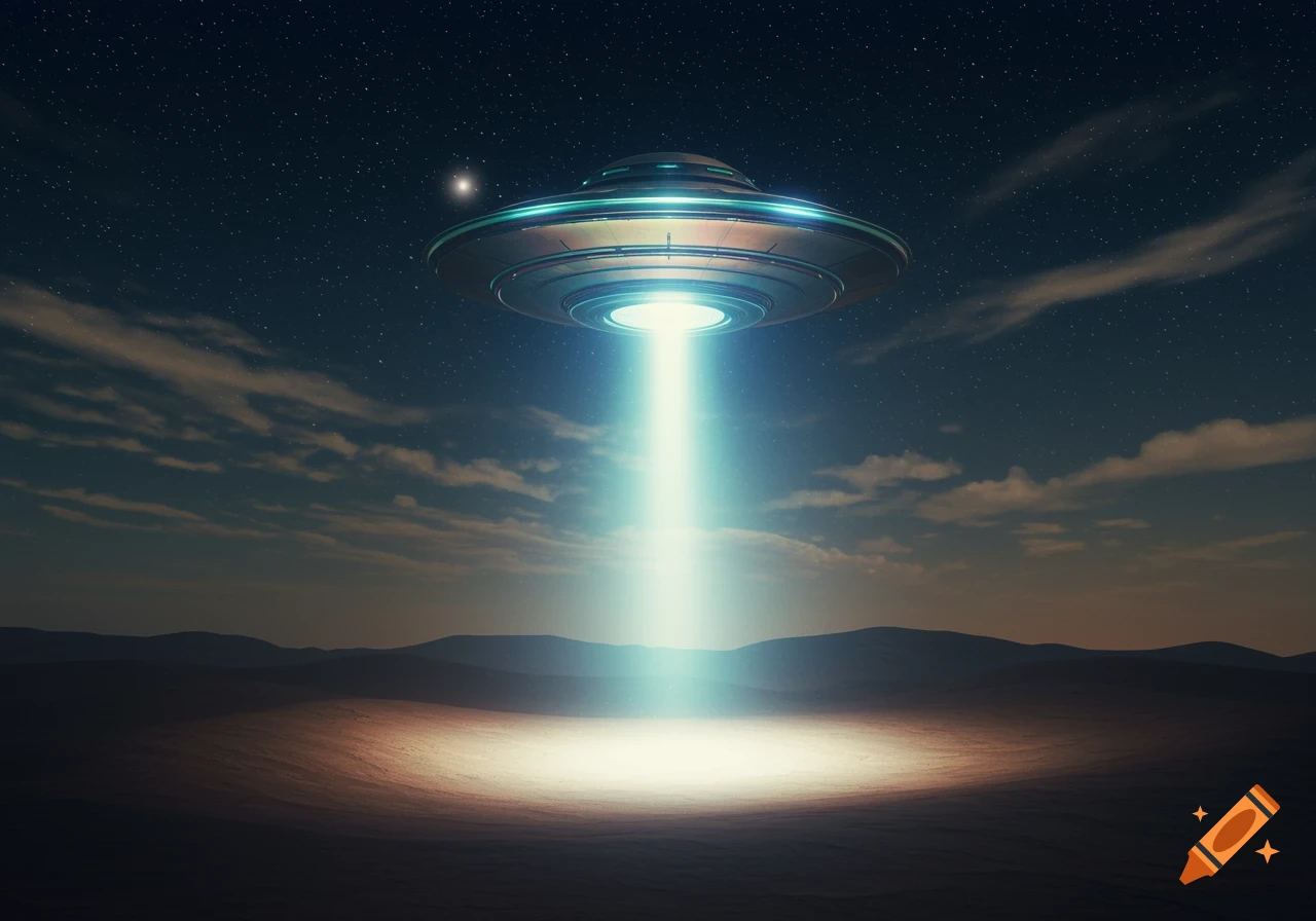 A photorealistic image of a classic flying saucer hovering over a dark ...