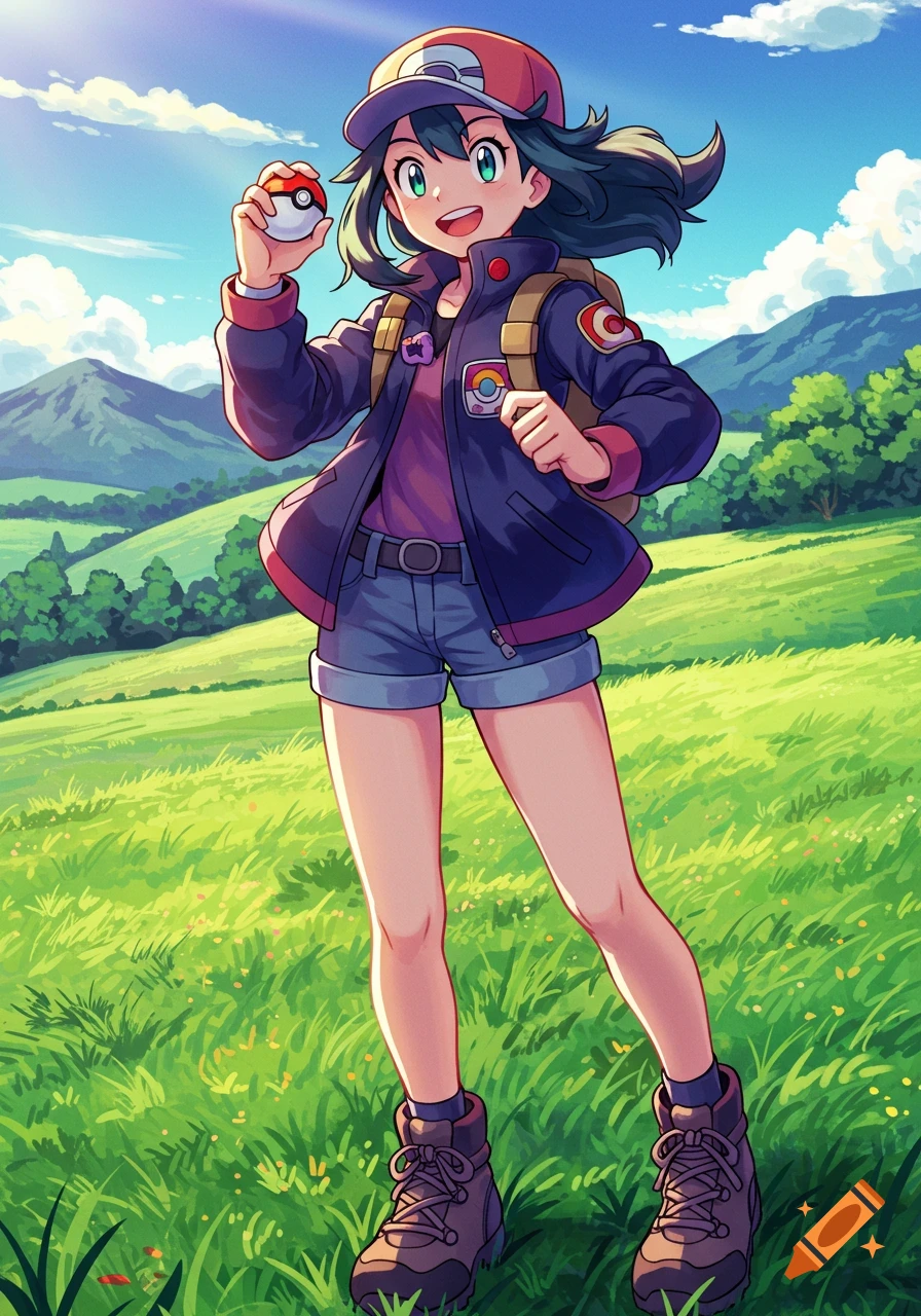 An anime-style female Pok Gamon trainer holding a Pok Gamon Ball in a ...