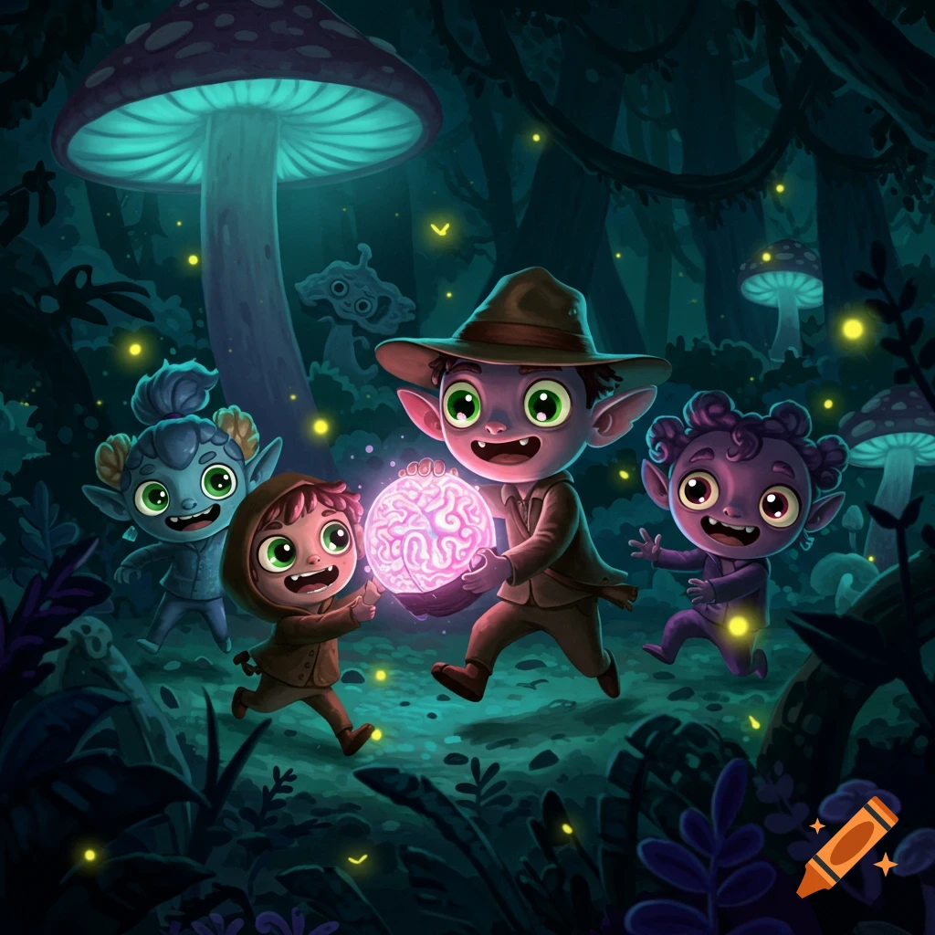 Four cute, big-eyed cartoon fantasy creatures in a dark, glowing mushroom forest, one holding a ...
