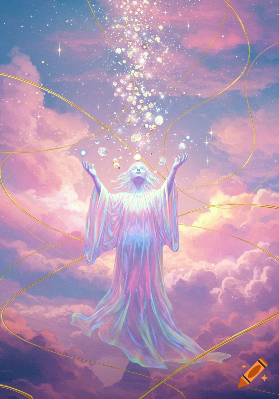 Ethereal glowing figure in white robes with outstretched arms ...