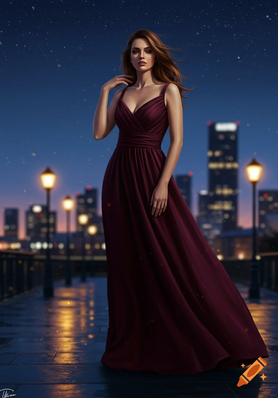 A woman in a maroon dress stands on a wet city street at night with ...