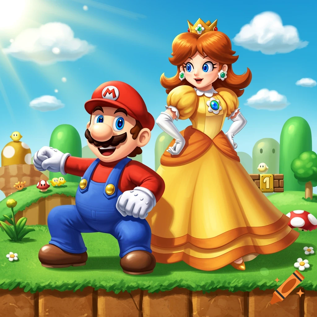 Mario and Princess Daisy standing together in a vibrant cartoon ...