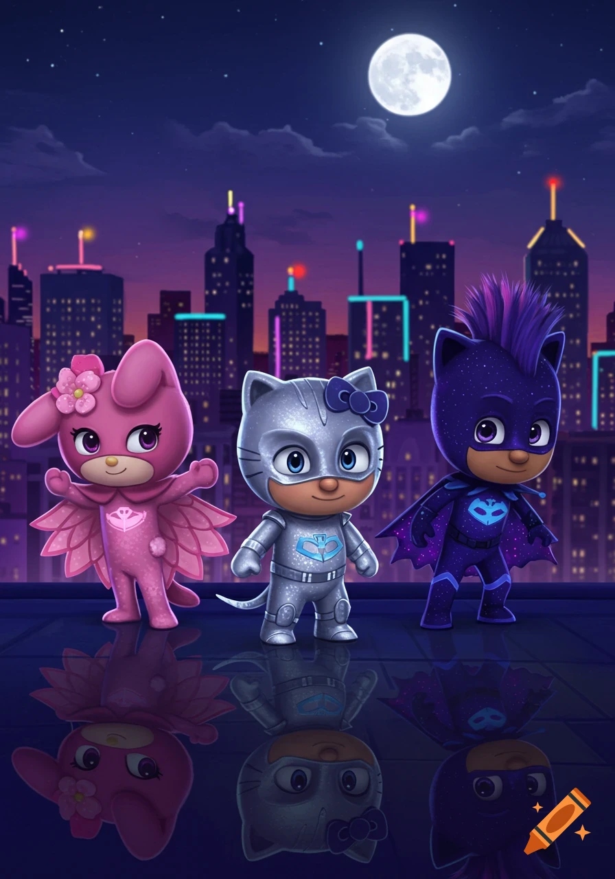 Cartoon cats in superhero costumes flying and running across a city ...