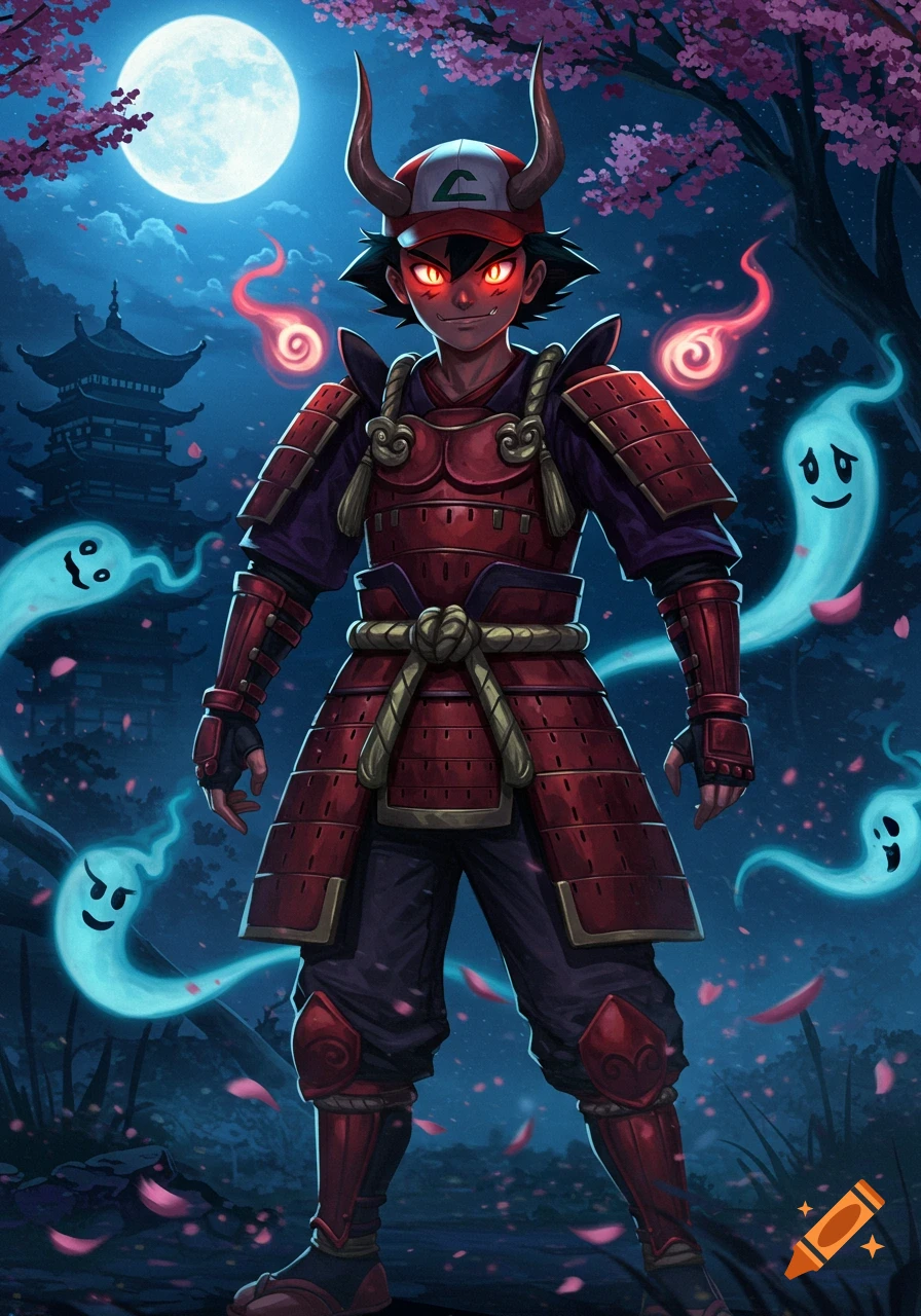 Anime-style samurai in red armor with a skull logo, holding katanas on ...
