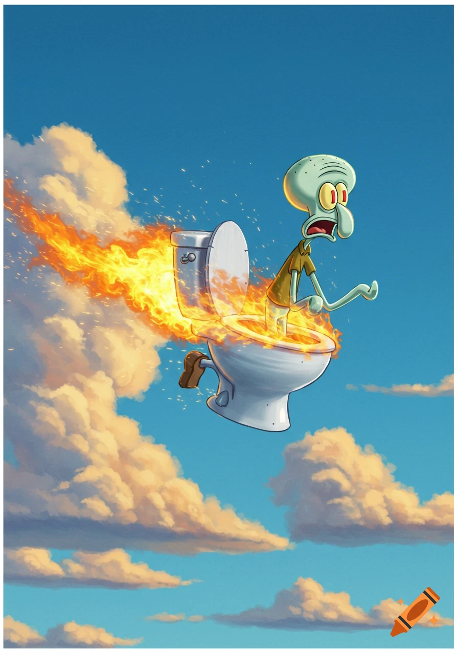 Cartoon Squidward flying through a blue sky in a flaming toilet, with ...