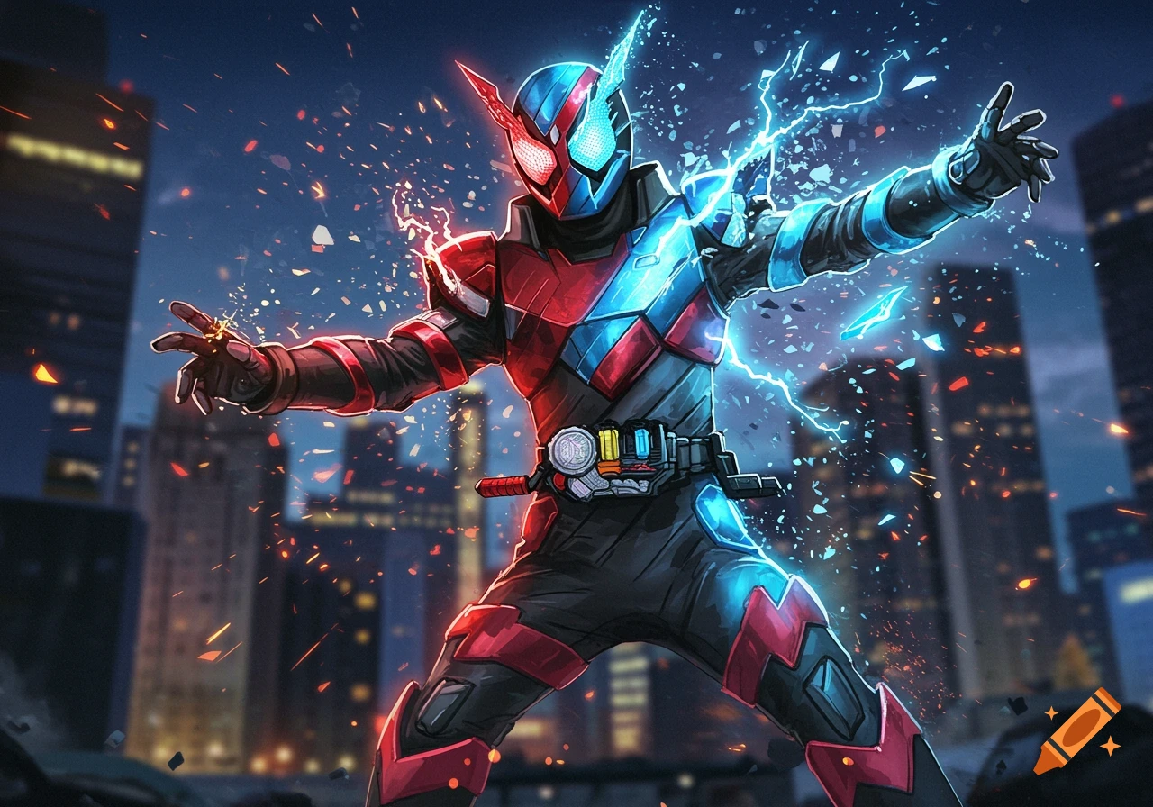 Kamen Rider Build in red and blue armor, surrounded by crackling energy ...