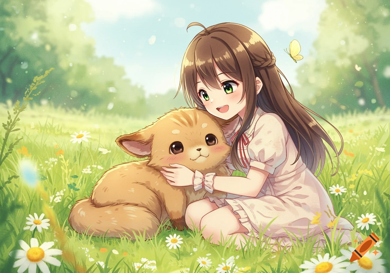 An anime girl with brown hair hugs a cute, fluffy baby animal in a ...