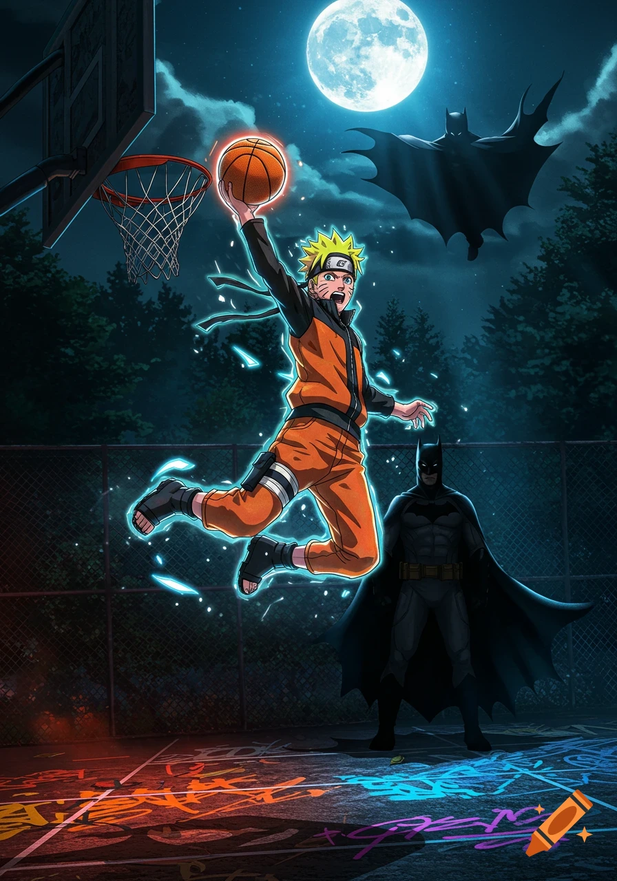 Rock Lee from Naruto performs a slam dunk on a basketball court at ...