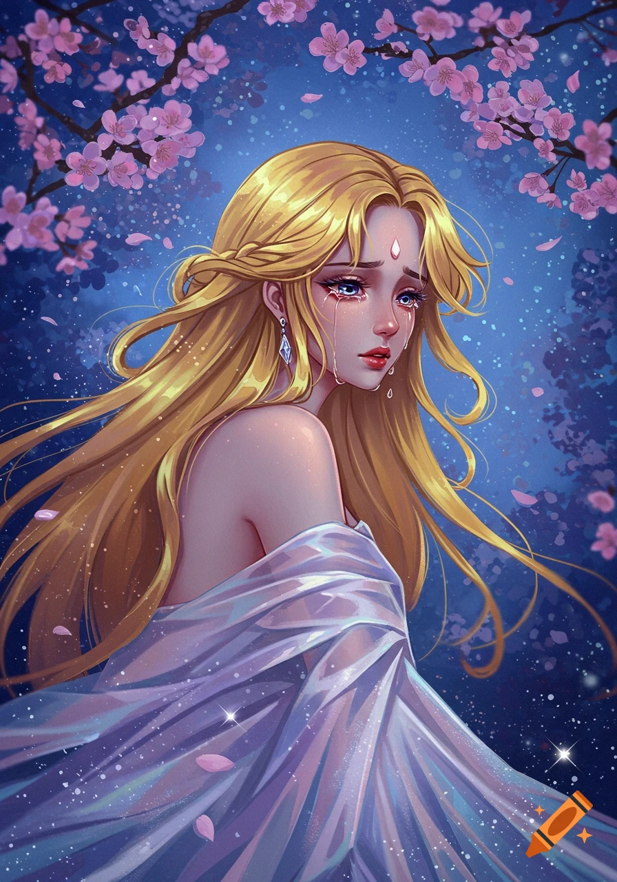An anime woman with long blonde hair adorned with flowers, wearing a ...