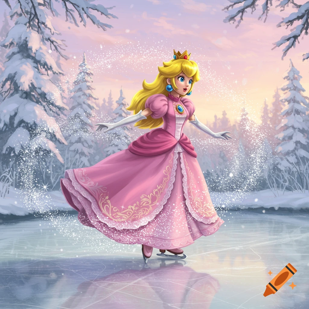 Princess Peach gracefully ice skates on a frozen pond in a snowy forest ...