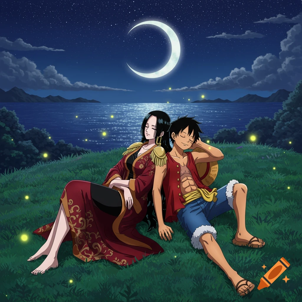 Anime characters Luffy giving Hancock a piggyback ride through a sunny ...