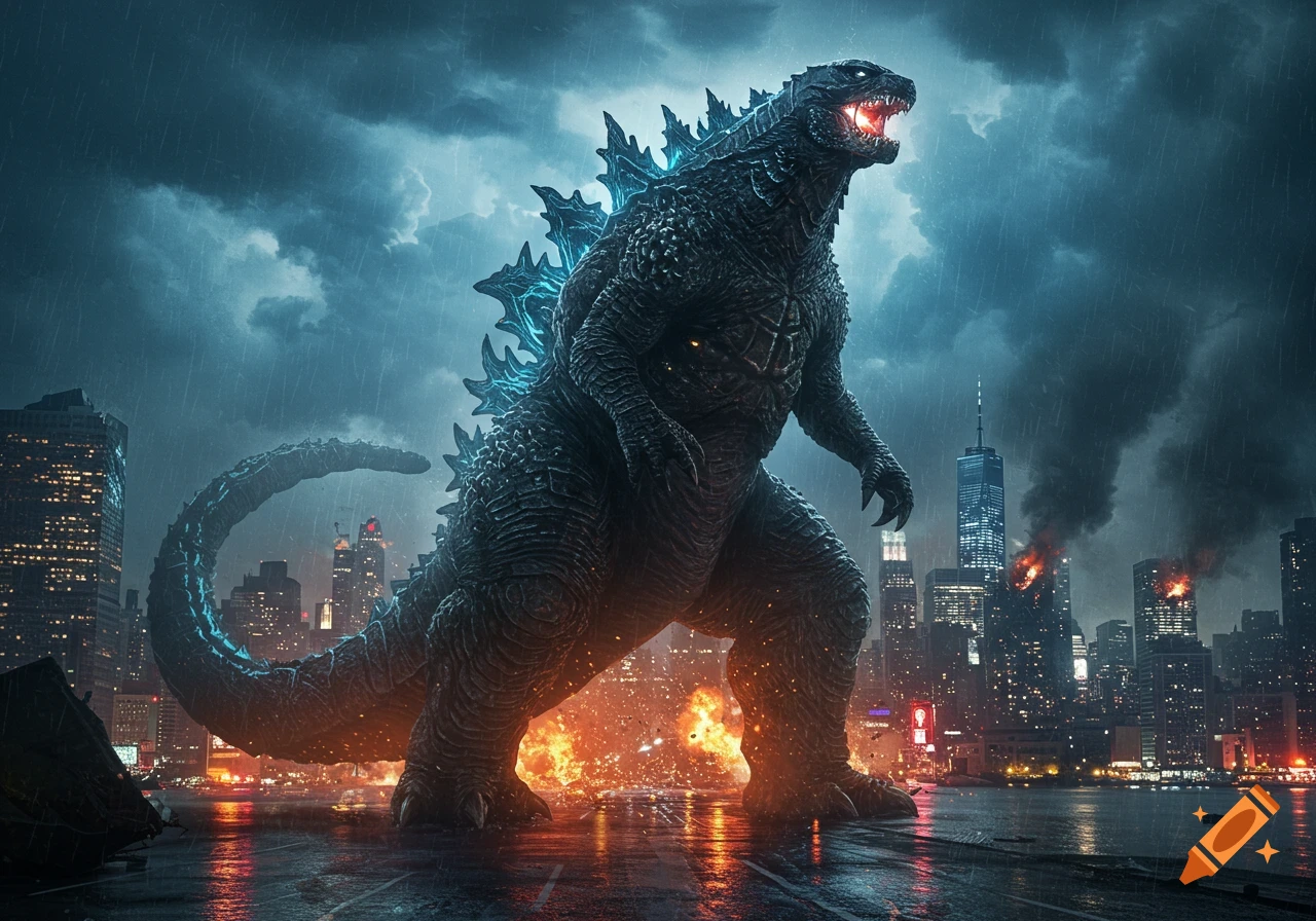 A massive, dark Godzilla roars amidst a rain-soaked cityscape at night ...