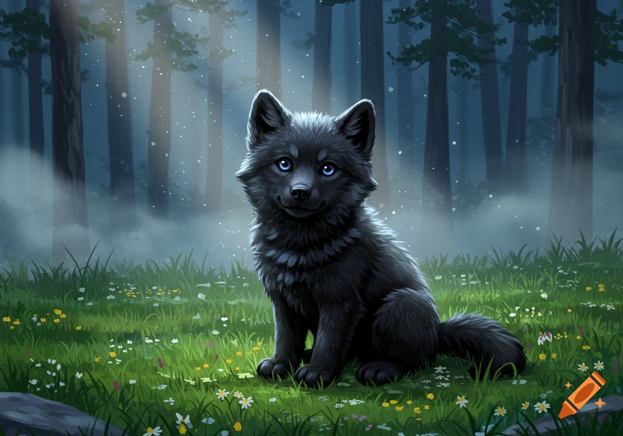 Anime girl with dark hair rides a large blue wolf with glowing markings ...