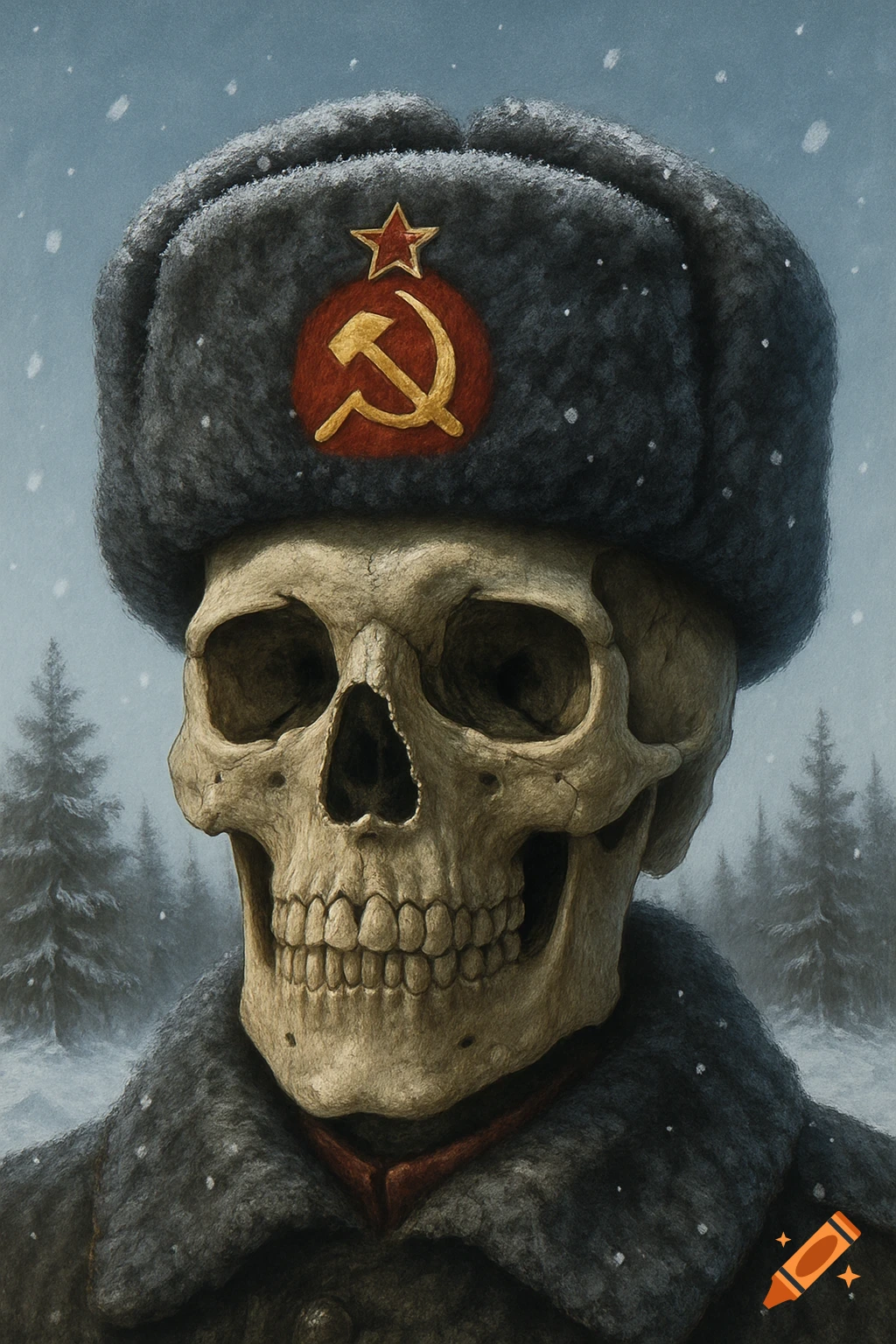 A detailed illustration of a human skull wearing a Russian fur hat with ...