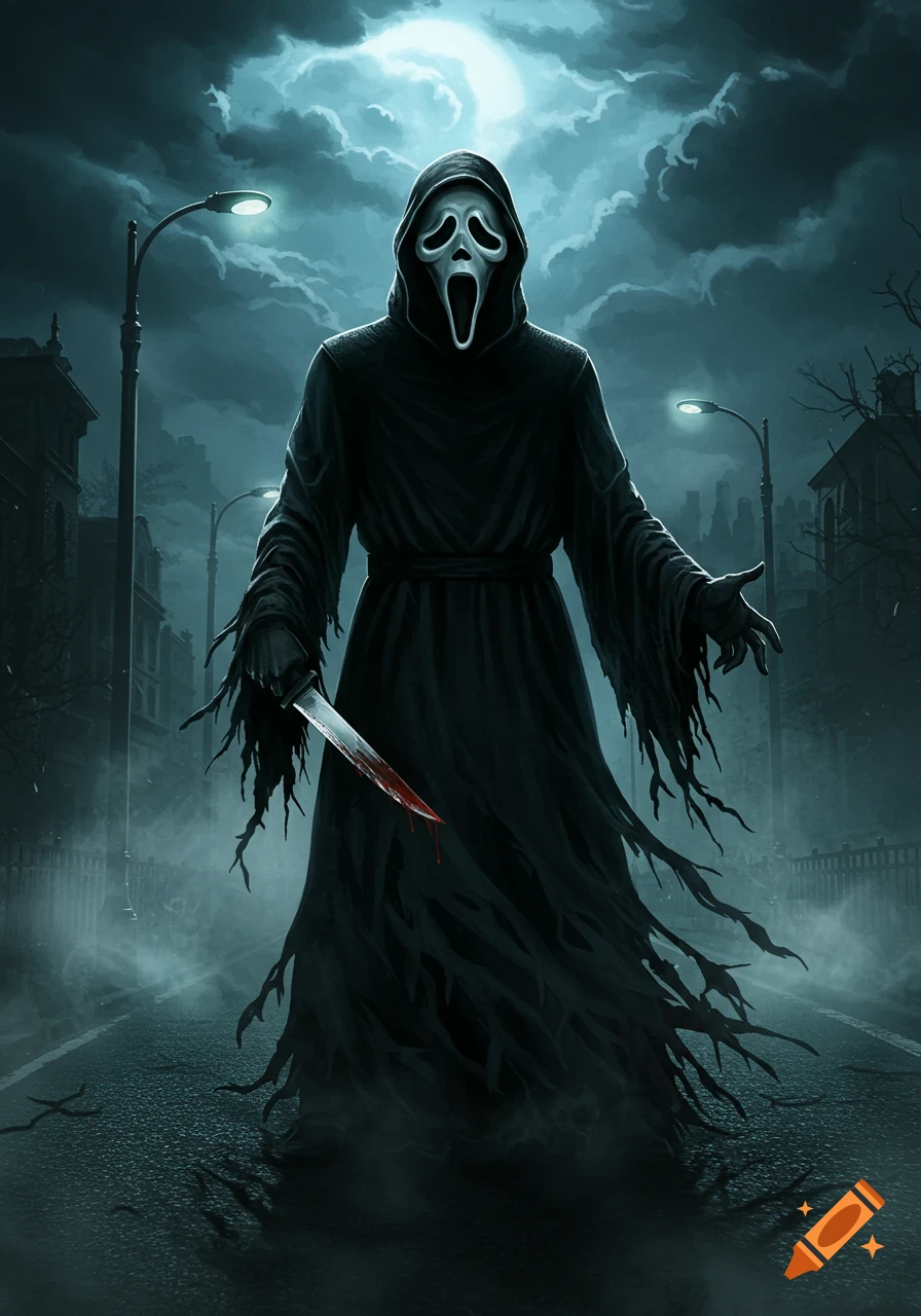Ghostface in a black robe and mask holds a knife in a dark, leaf-strewn ...
