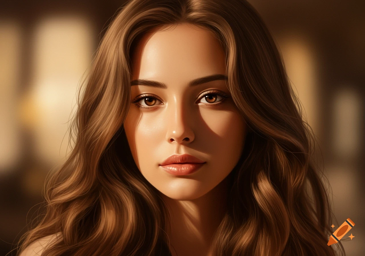 Illustrated portrait of a teenage girl with long brown hair with blue ...