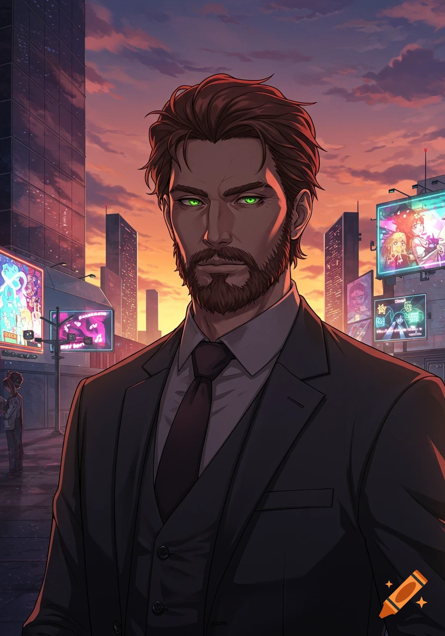 A bald man with a ginger beard and blue eyes, in anime style, stands in ...