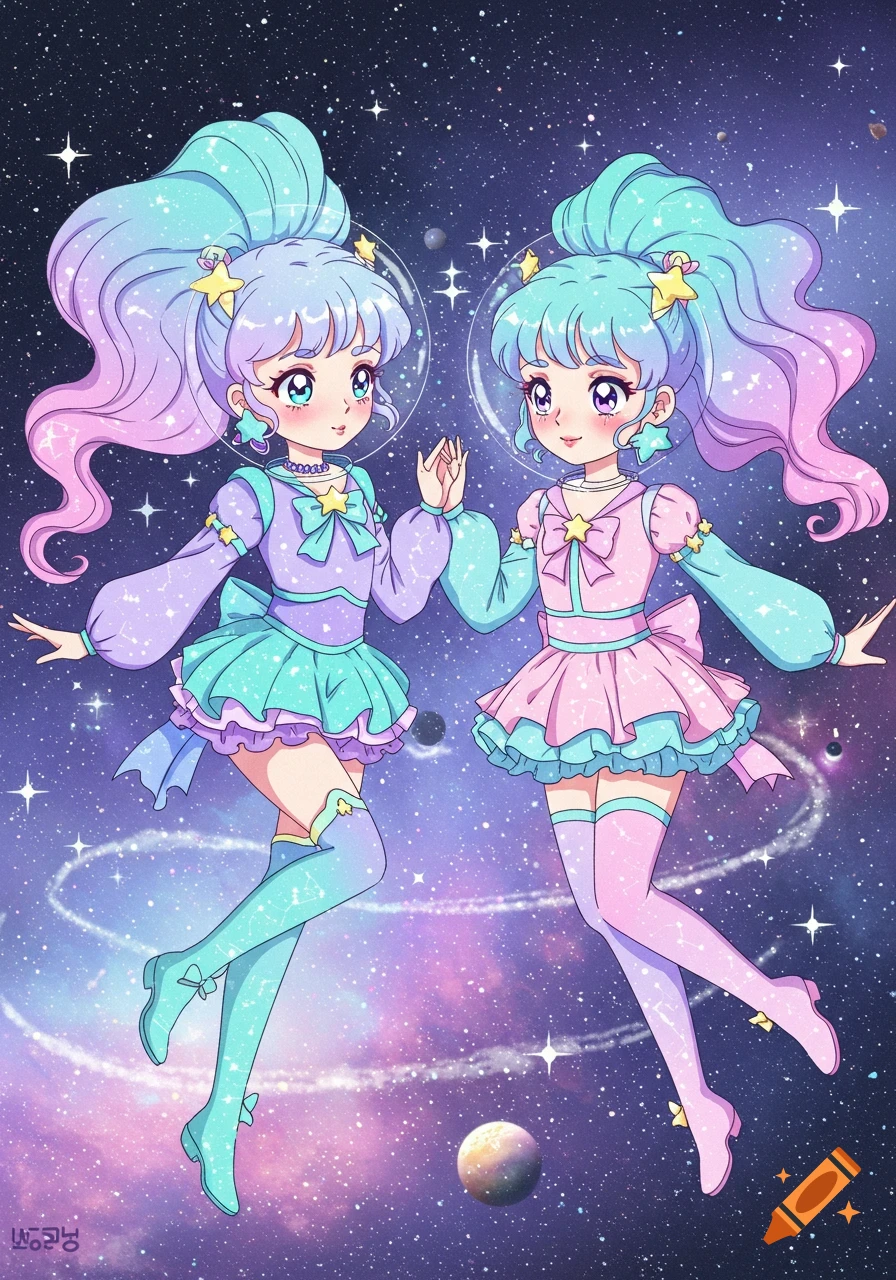Two cute anime girls with pastel hair and space suits float in a starry ...
