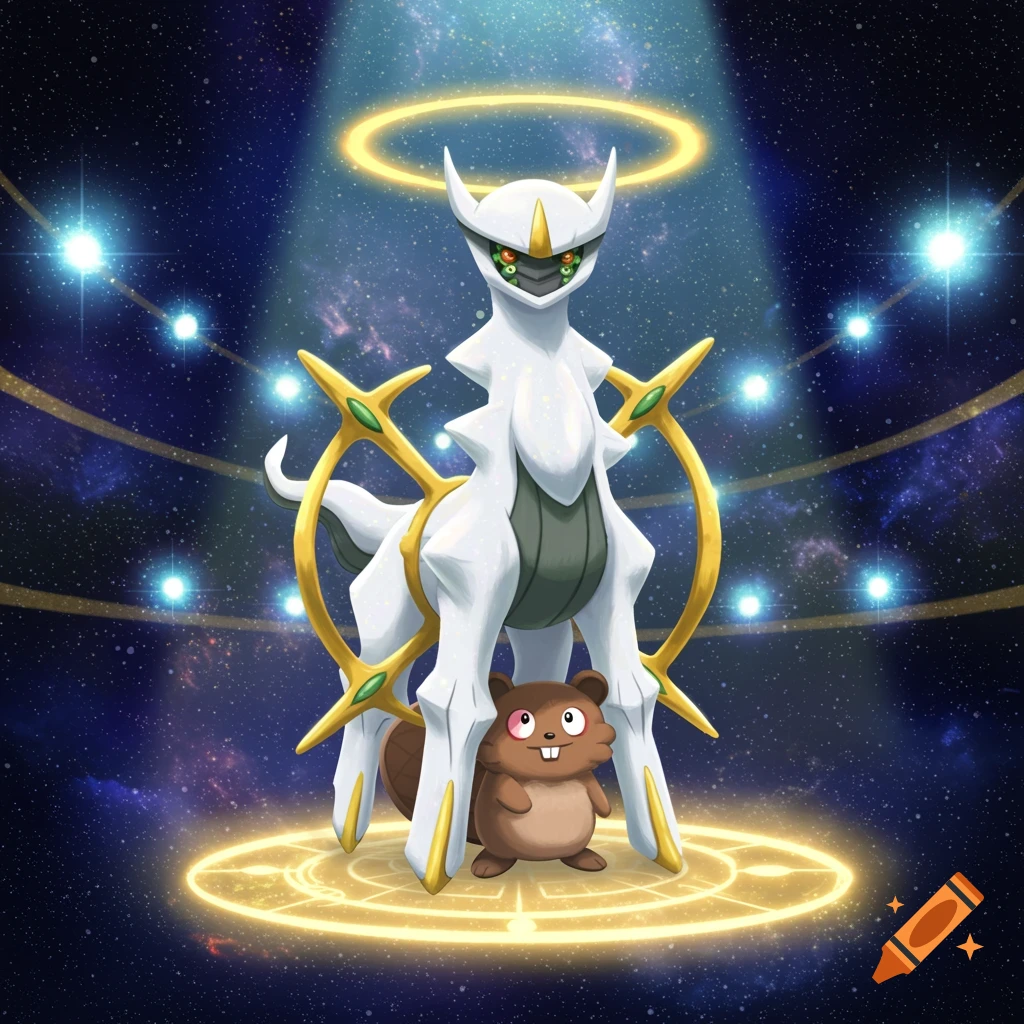Arceus, a white and gold creature with a halo, stands over a small ...