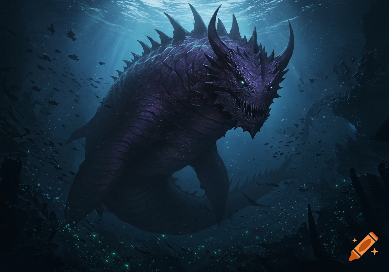 A giant monster fish with large teeth confronts a diver in the deep ...