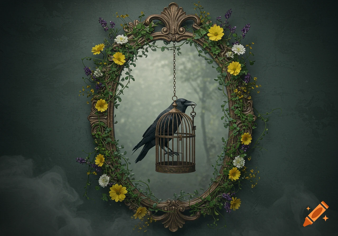 A black crow holding a key inside a vintage bird cage, reflected in an ...