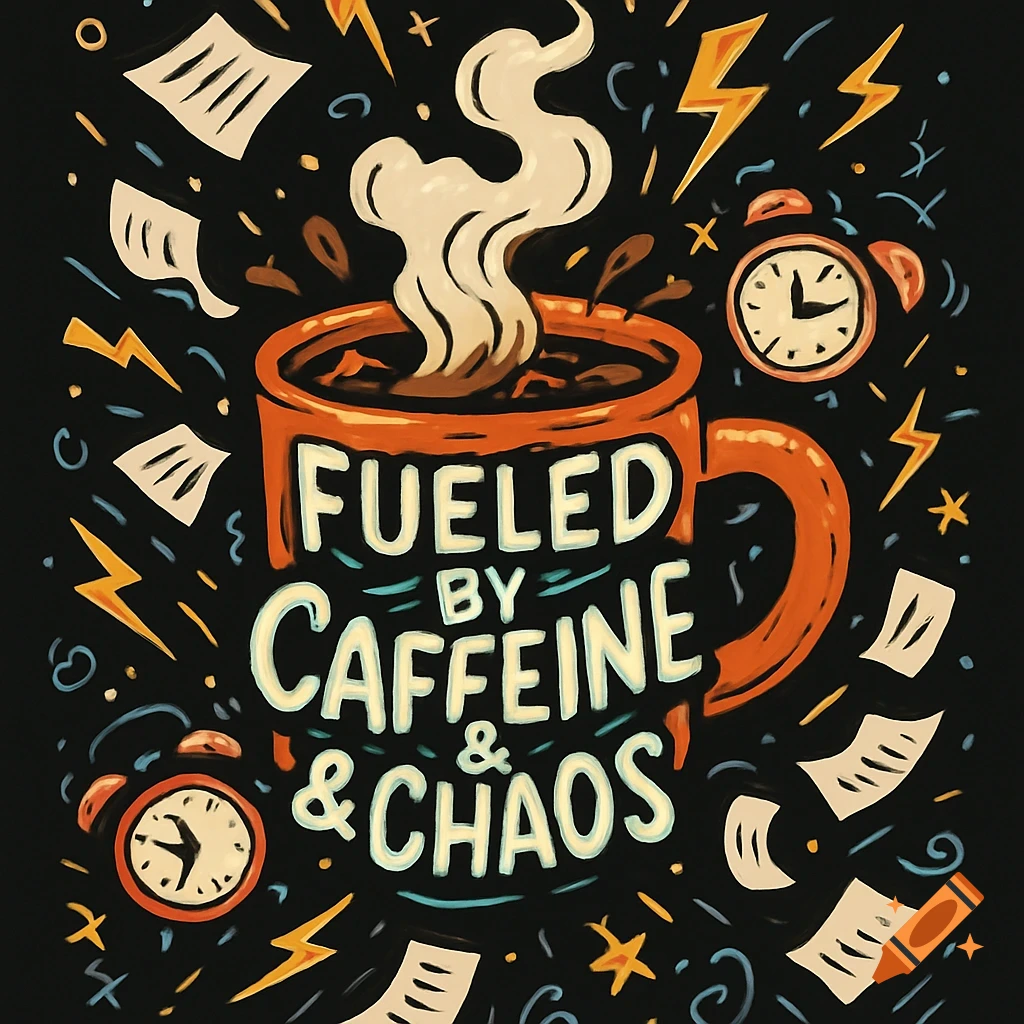 A bold, cartoon-style illustration of a steaming coffee mug with ...