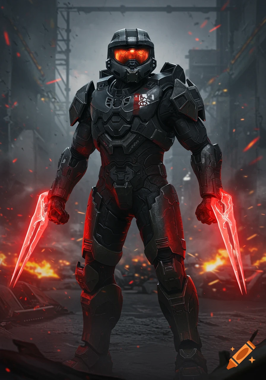 A heavily armored Master Chief-like figure with a red visor holds ...