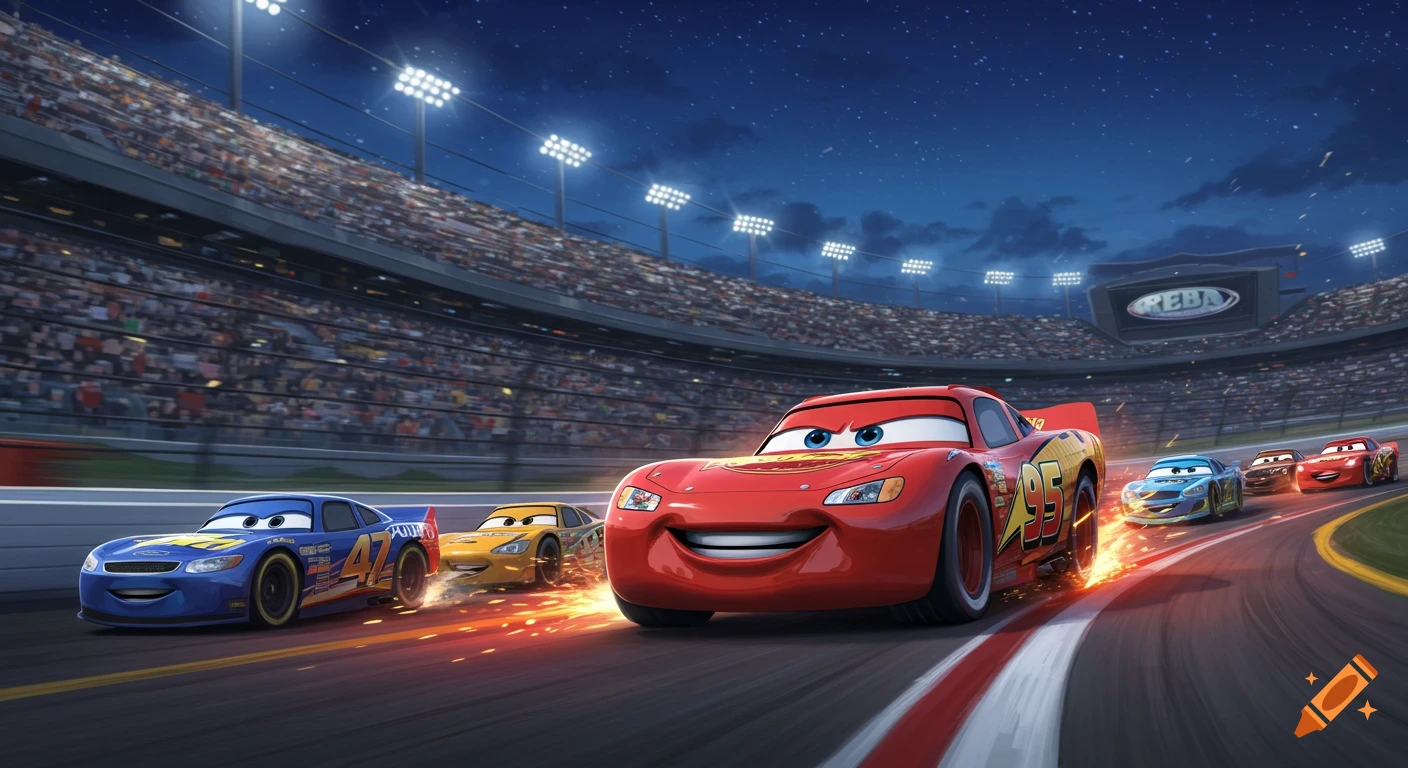 Lightning McQueen racing on a wet track under a stormy sky with rainbow lightning. on Craiyon