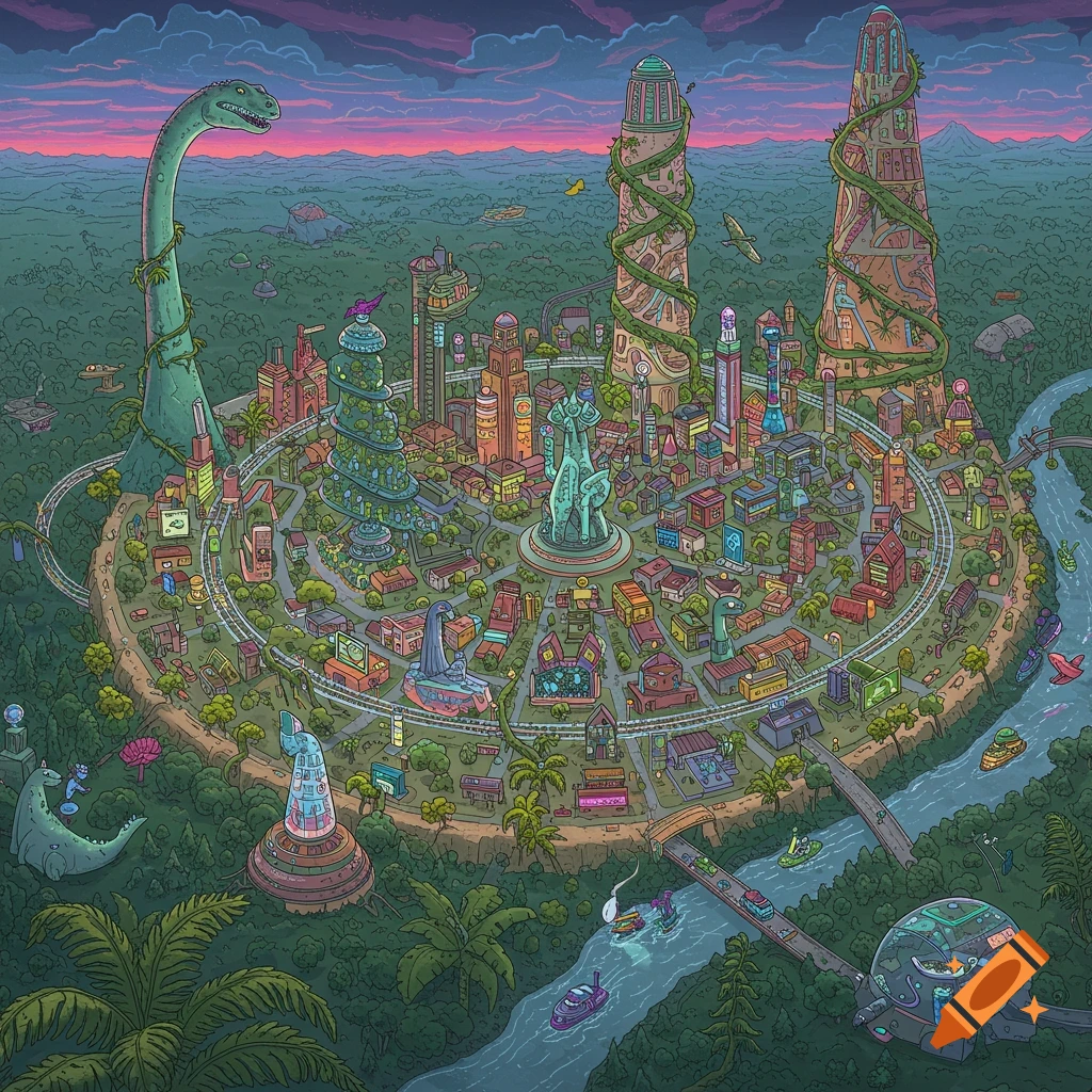 Overhead view of a whimsical, circular city where dinosaurs are ...