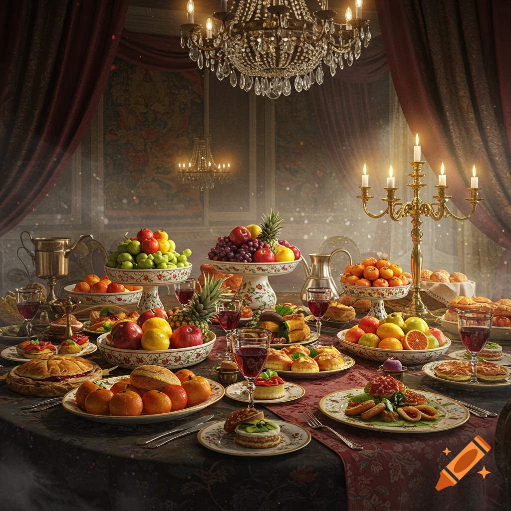 A lavish dining table set with an abundance of fruit, various dishes ...
