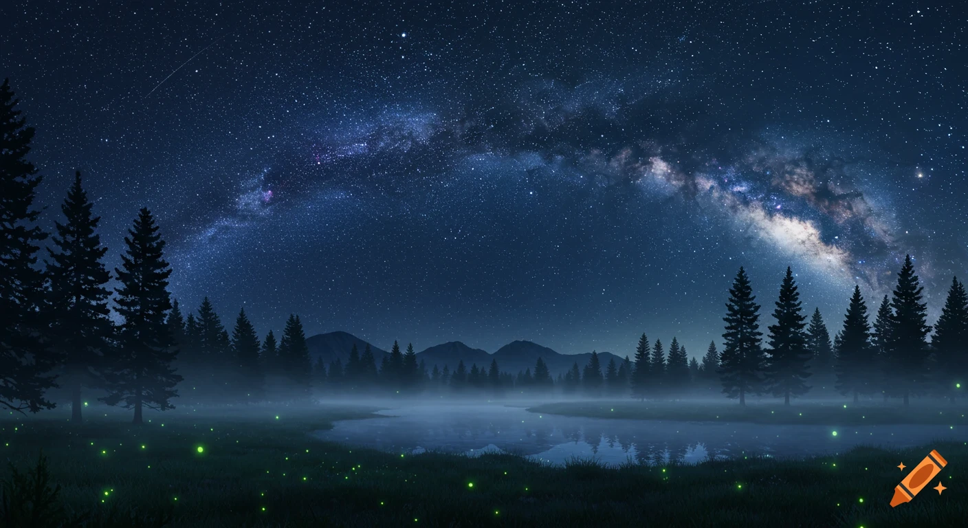 Illustrated person sits by a lake under a starry night sky with glowing ...