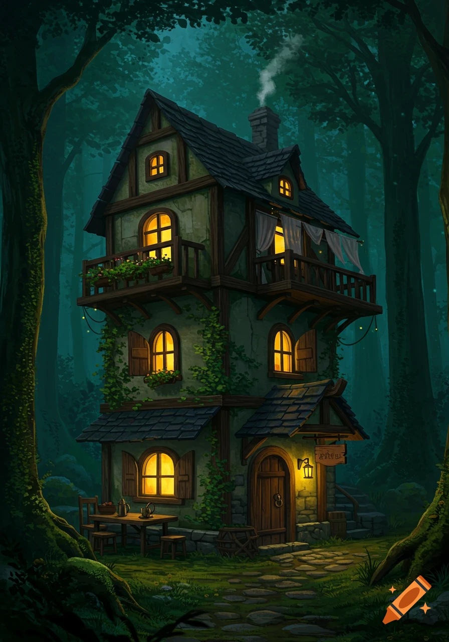 A whimsical, round cob house with vines and glowing circular windows ...