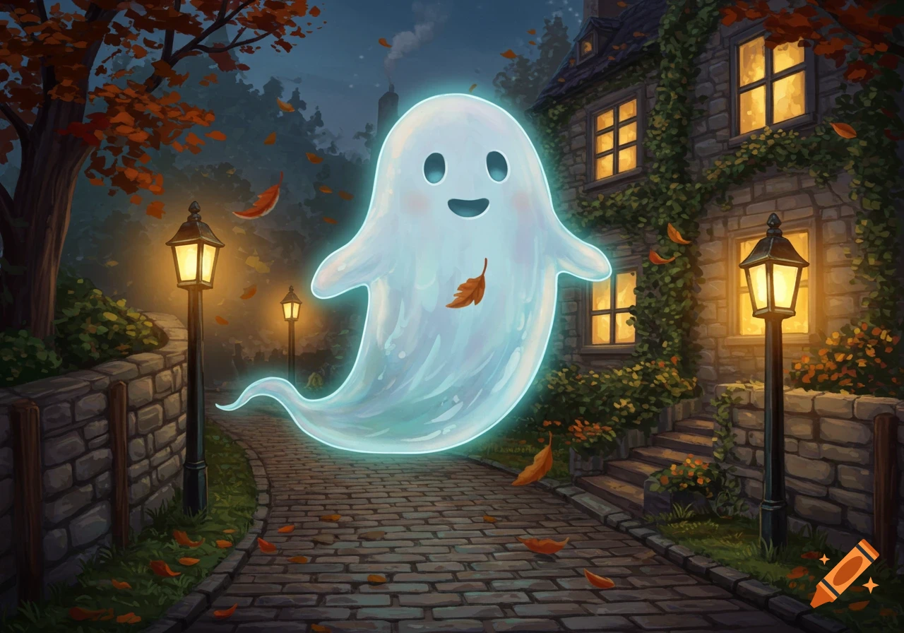 A friendly, glowing white ghost floats on a cobblestone path lined with ...