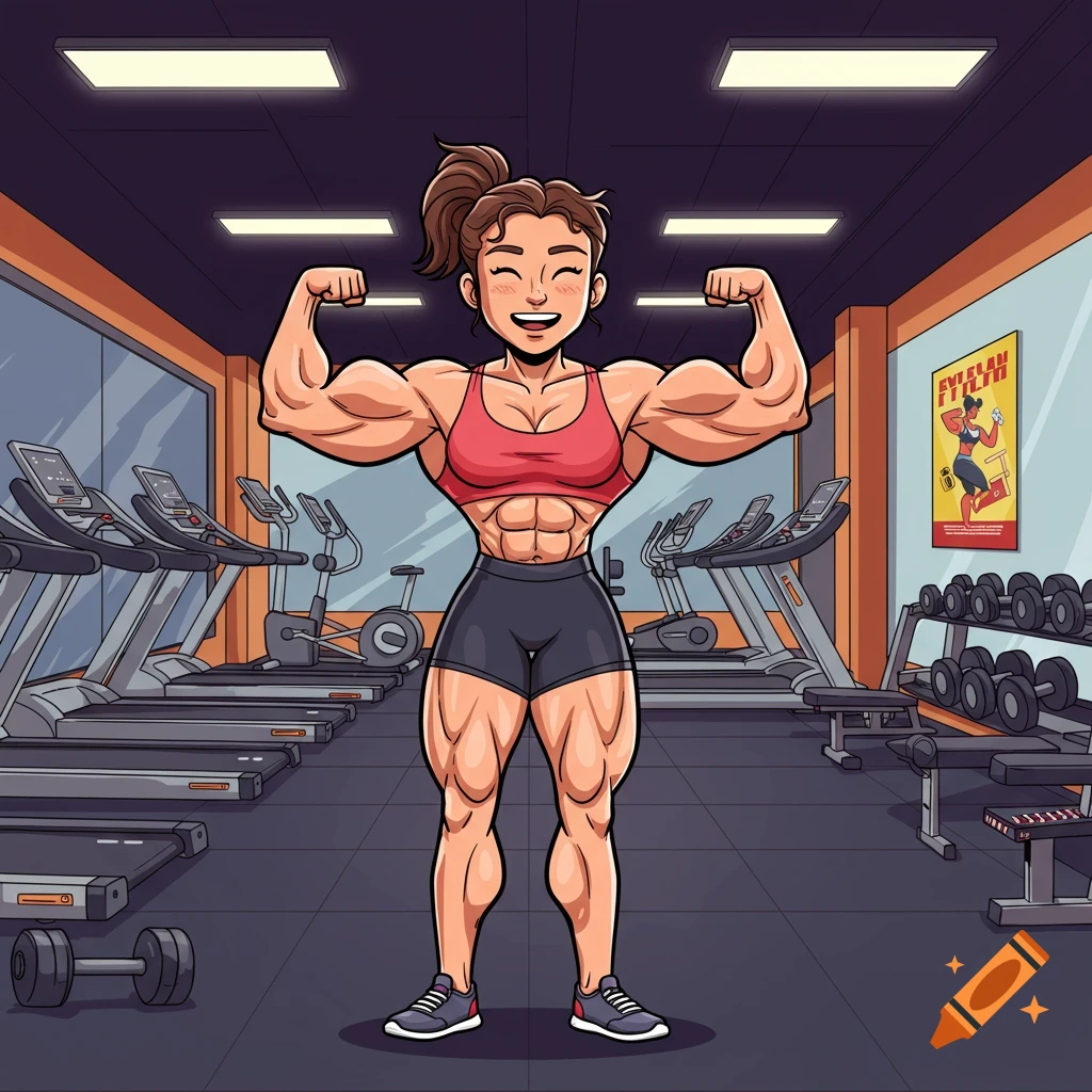 A muscular cartoon woman and a young girl flex their biceps together in ...