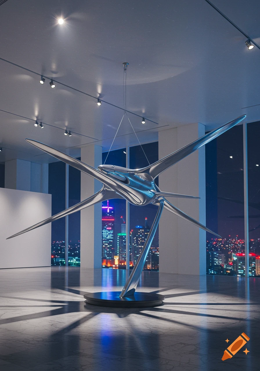 A sleek, silver futuristic sculpture resembling a plane hangs in a ...