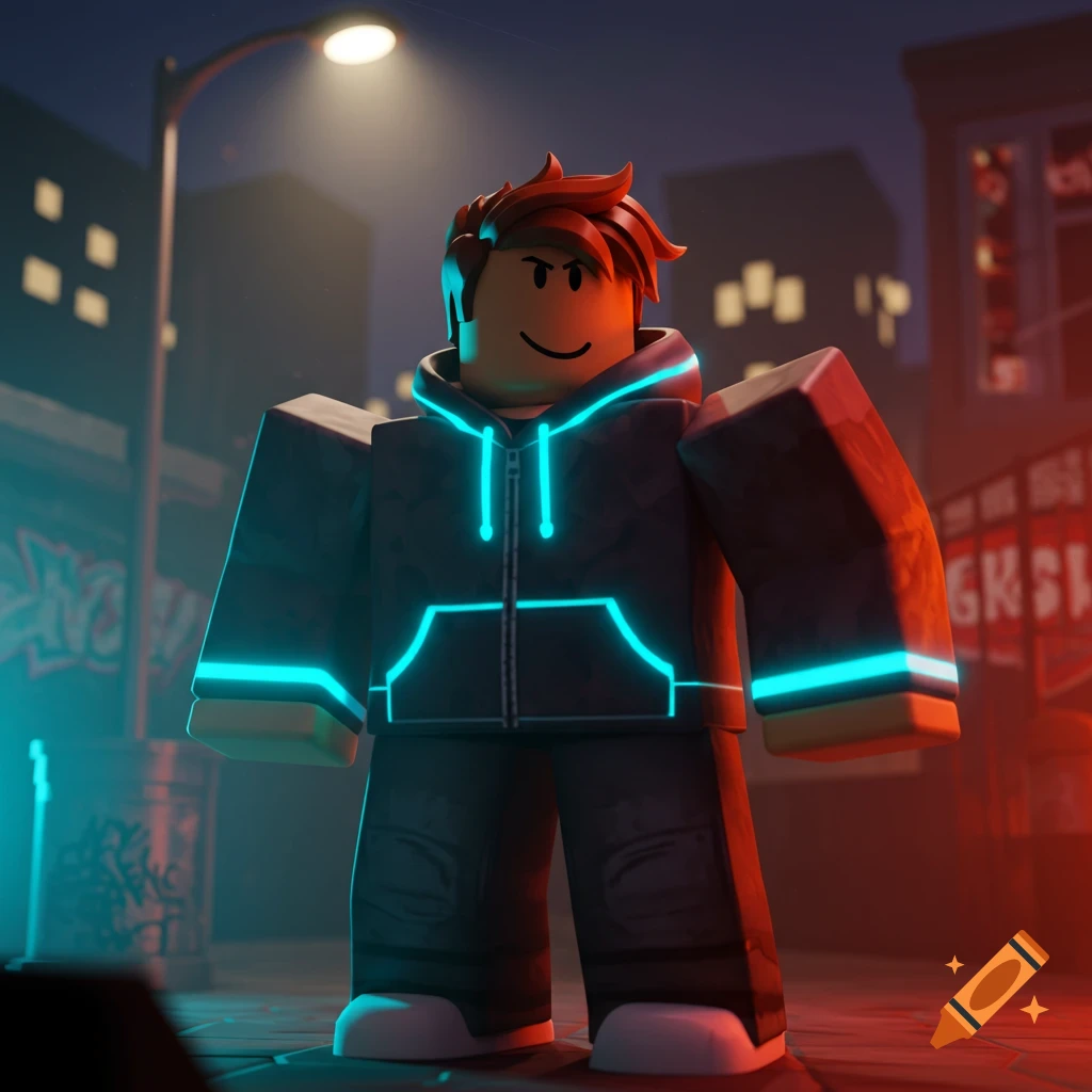 A Roblox-style character with blue hair and glowing green eyes holds a ...